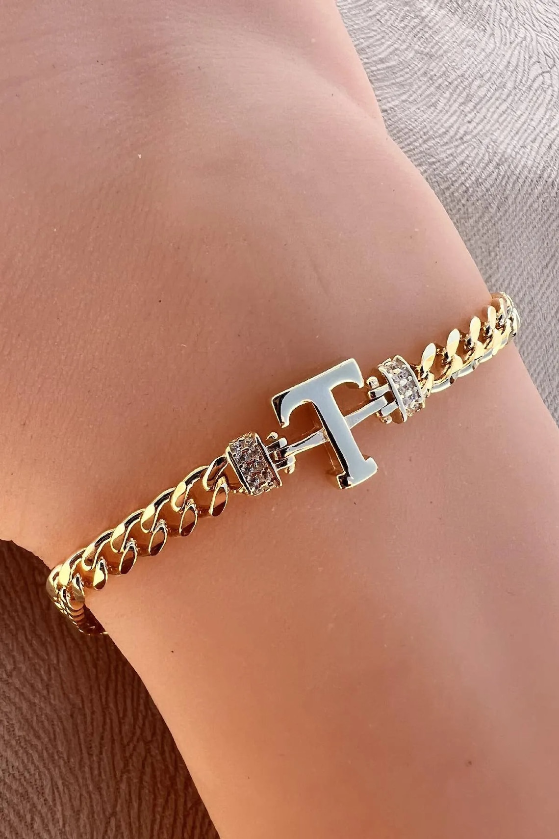 925 Sterling Silver Gold Letter Initial Bracelet, Gourmet Chain Letter ...
