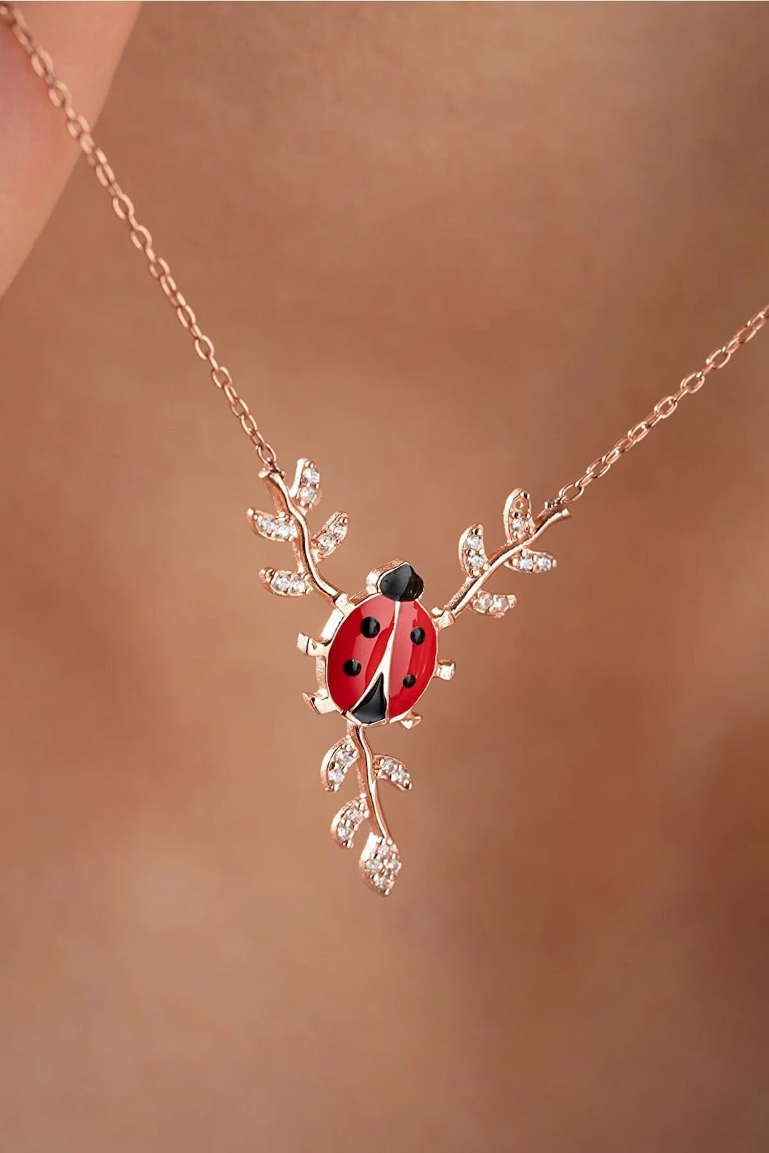 925 Sterling Silver Rose Gold Ladybug Necklace, Ladybug Necklace, Gold ...