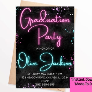 Neon Graduation Party Invitation, Grad Party Invite, Invitation Text ...