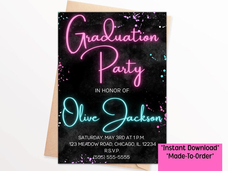 Neon Graduation Party Invitation, Grad Party Invite, Invitation Text ...