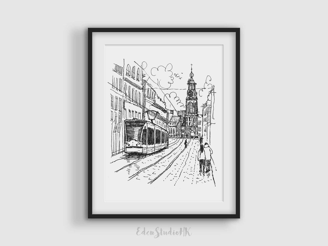 Amsterdam Sketch 1, Holland, Travel Sketch, Cityscape, Black and White ...