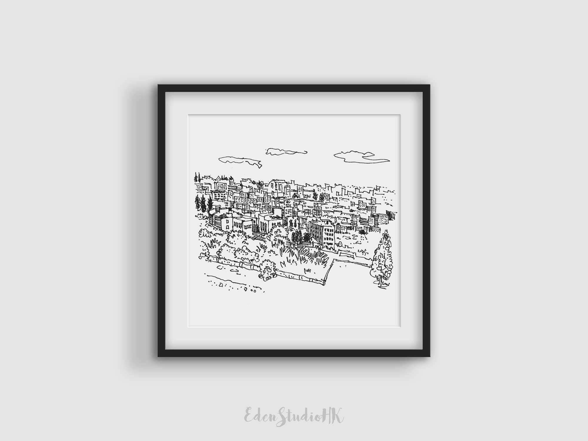 Bethlehem Sketch, Israel, Travel Sketch, Cityscape, Black and White Art ...
