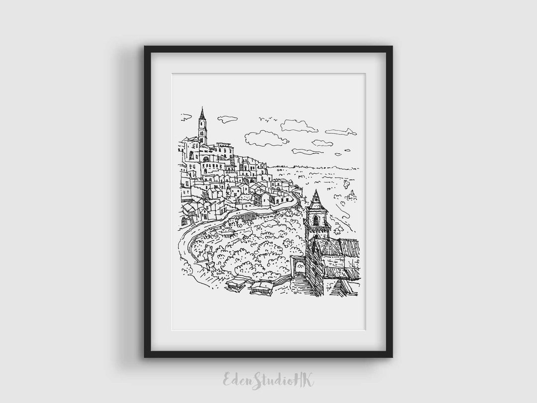 Matera Sketch, Italy, Travel Sketch, Cityscape, Black and White Art ...