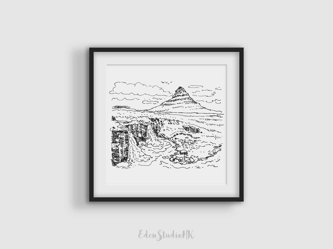 Kirkjufell Sketch, Iceland, Travel Sketch, Cityscape, Black and White ...