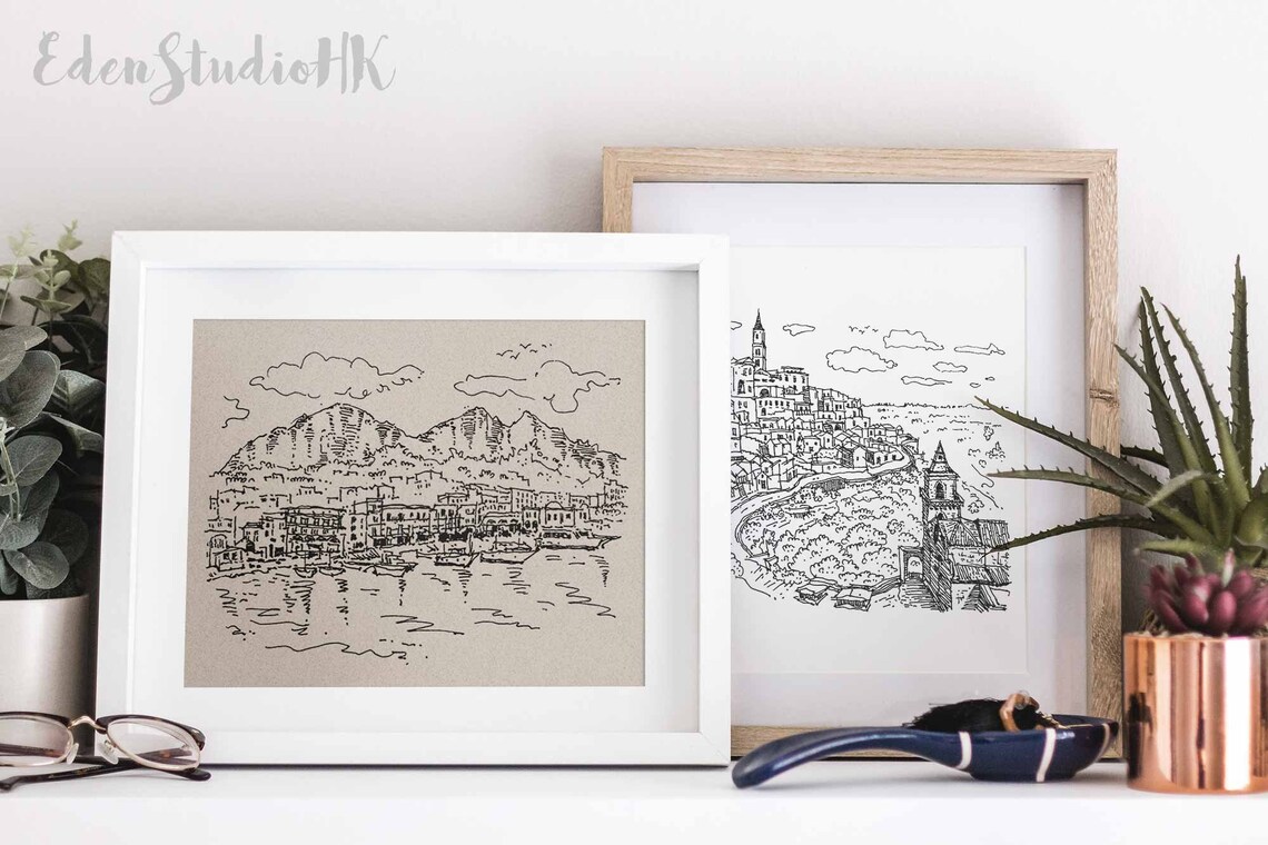 Matera Sketch Italy Travel Sketch Cityscape Black and | Etsy