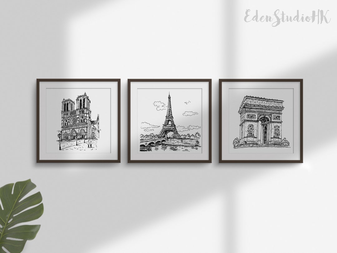 Paris Sketch Art Print Set: Eiffel Tower, Notre Dame, Arc De Triomphe ...