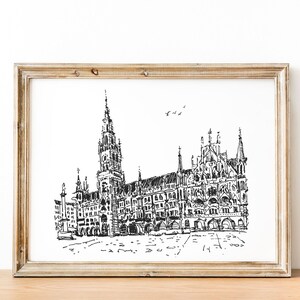 Marienplatz Sketch, Munich, Germany, Travel Sketch, Cityscape, Black ...