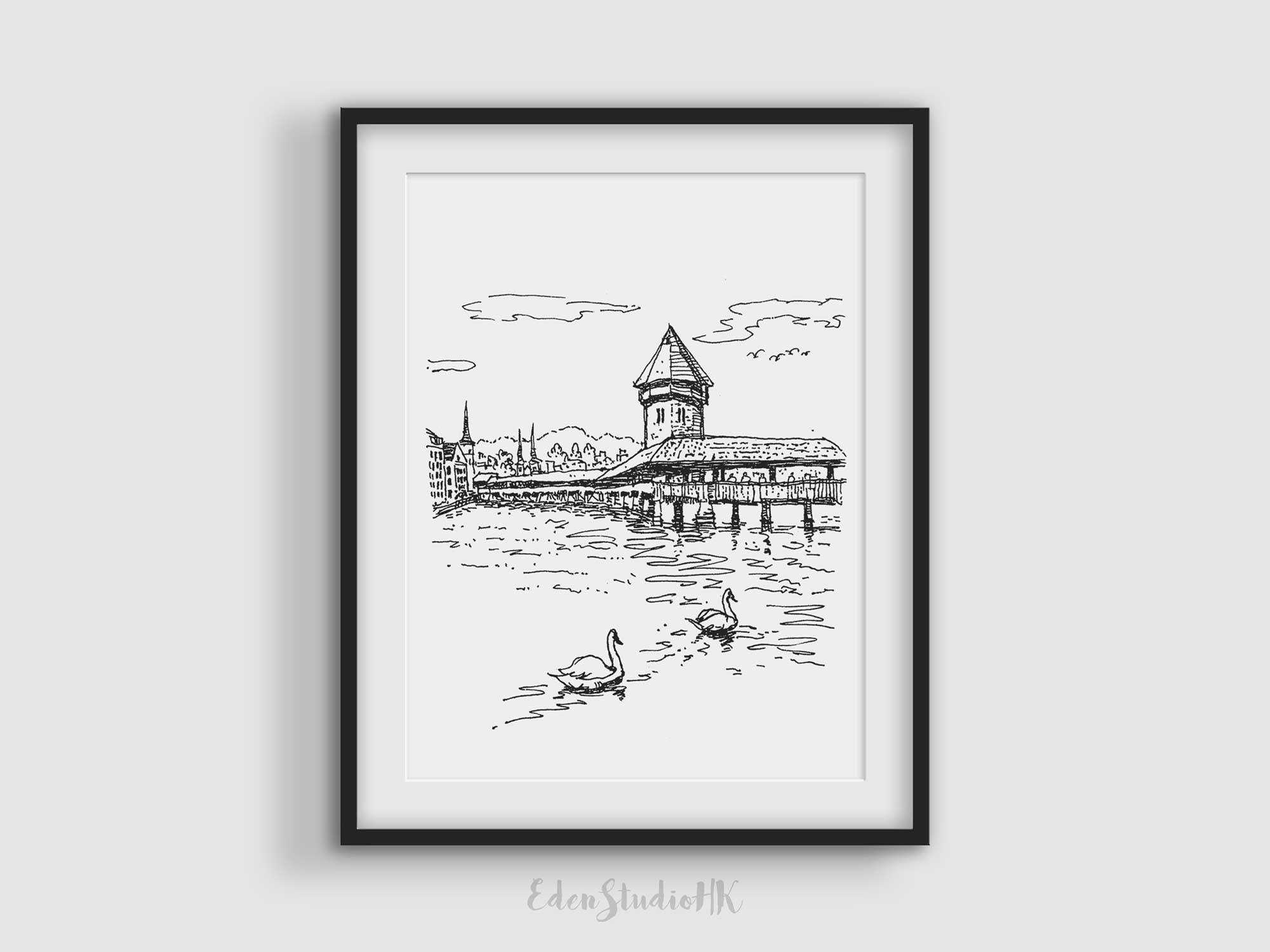 Chapel Bridge Sketch Lucerne Switzerland Travel Sketch - Etsy