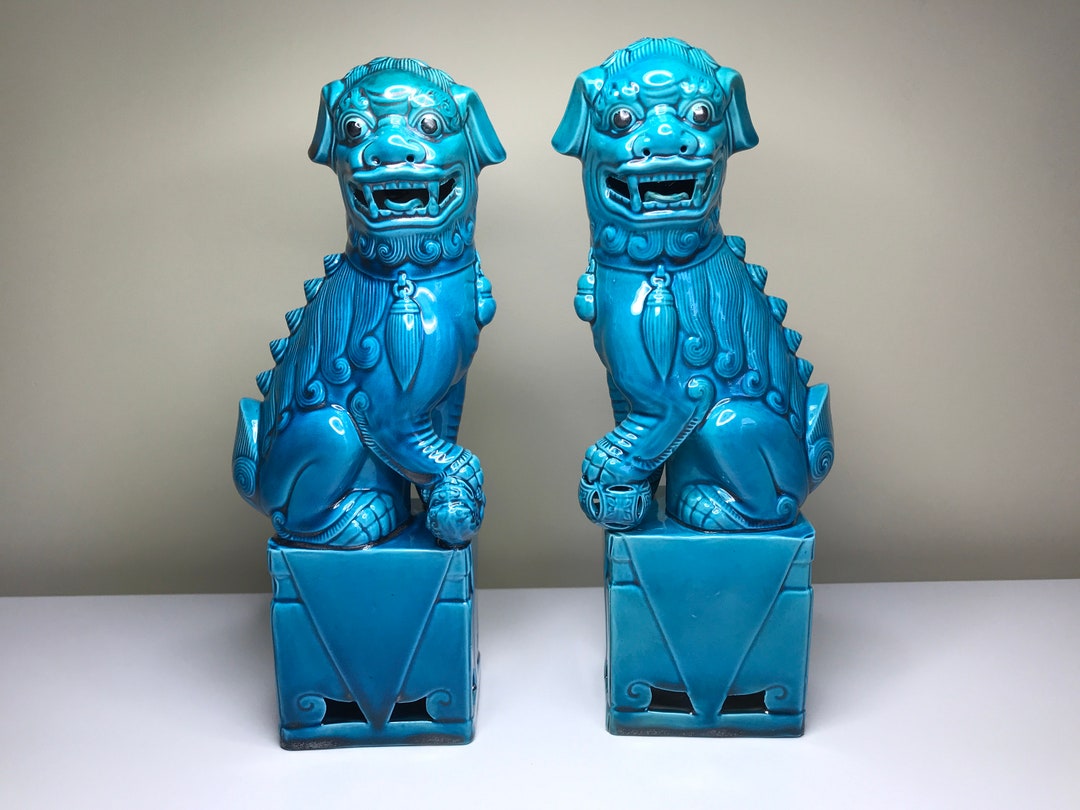 Blue Foo Dogs: Silver Highlighted Shishi Lions, Glossy Glaze - Etsy