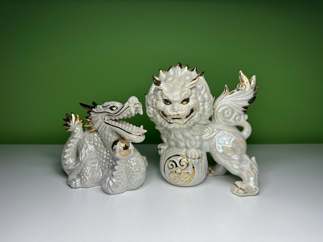 Dragon Foo Dog Iridescent Figurines Fabulous Ivory and Gold Dragon and ...