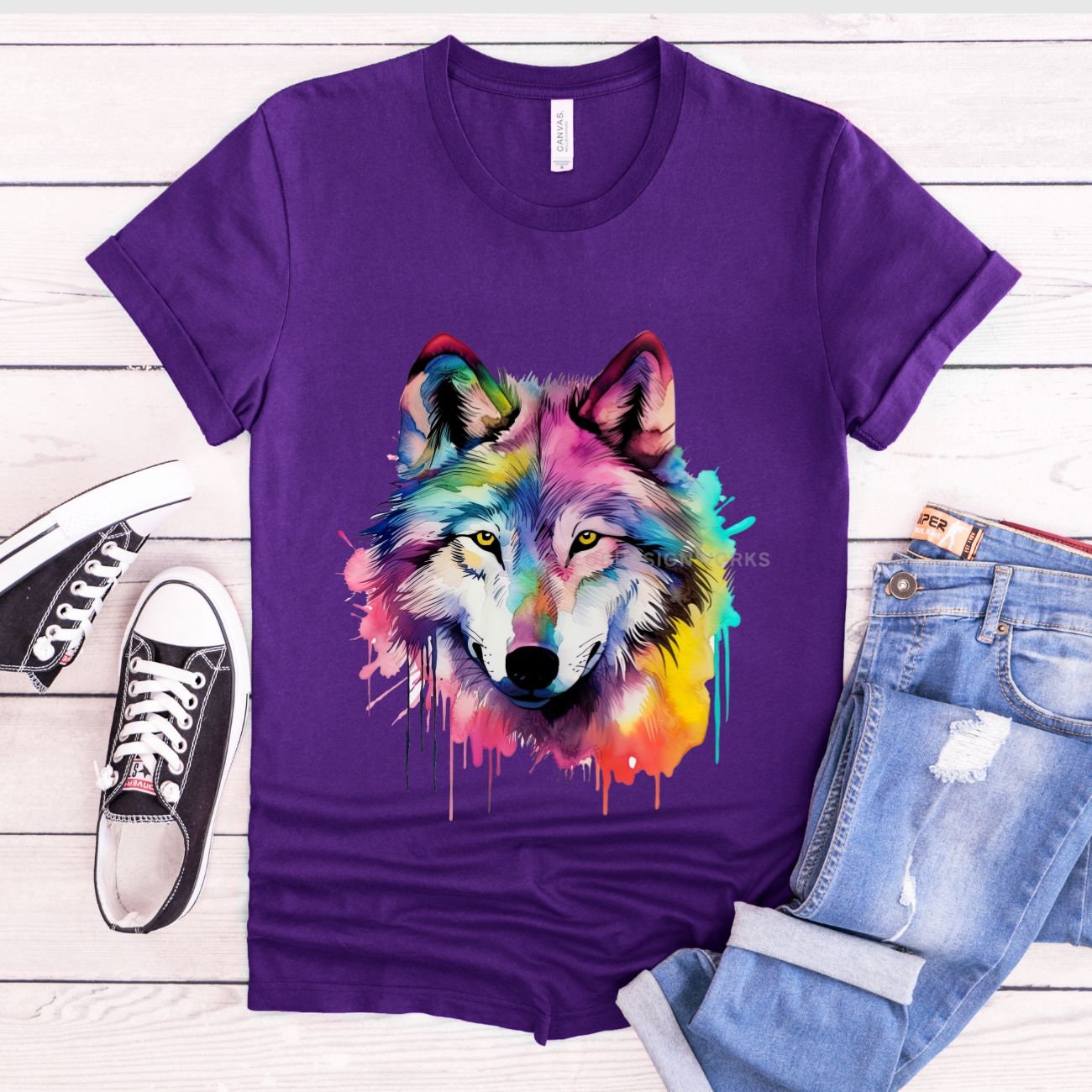 Wolf Shirt Watercolor Wolf Shirt Rainbow Dripping Paint Wolf - Etsy