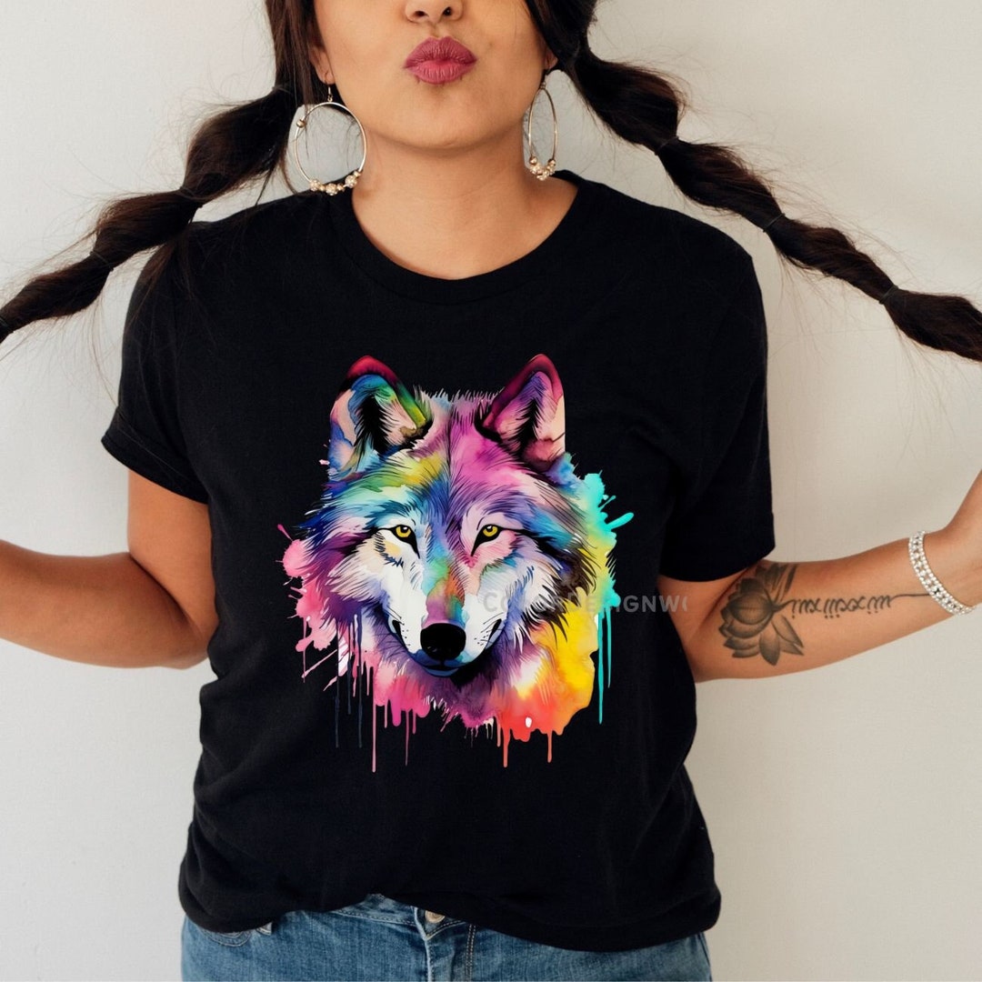 Wolf Shirt Watercolor Wolf Shirt, Rainbow Dripping Paint Wolf Pack T ...