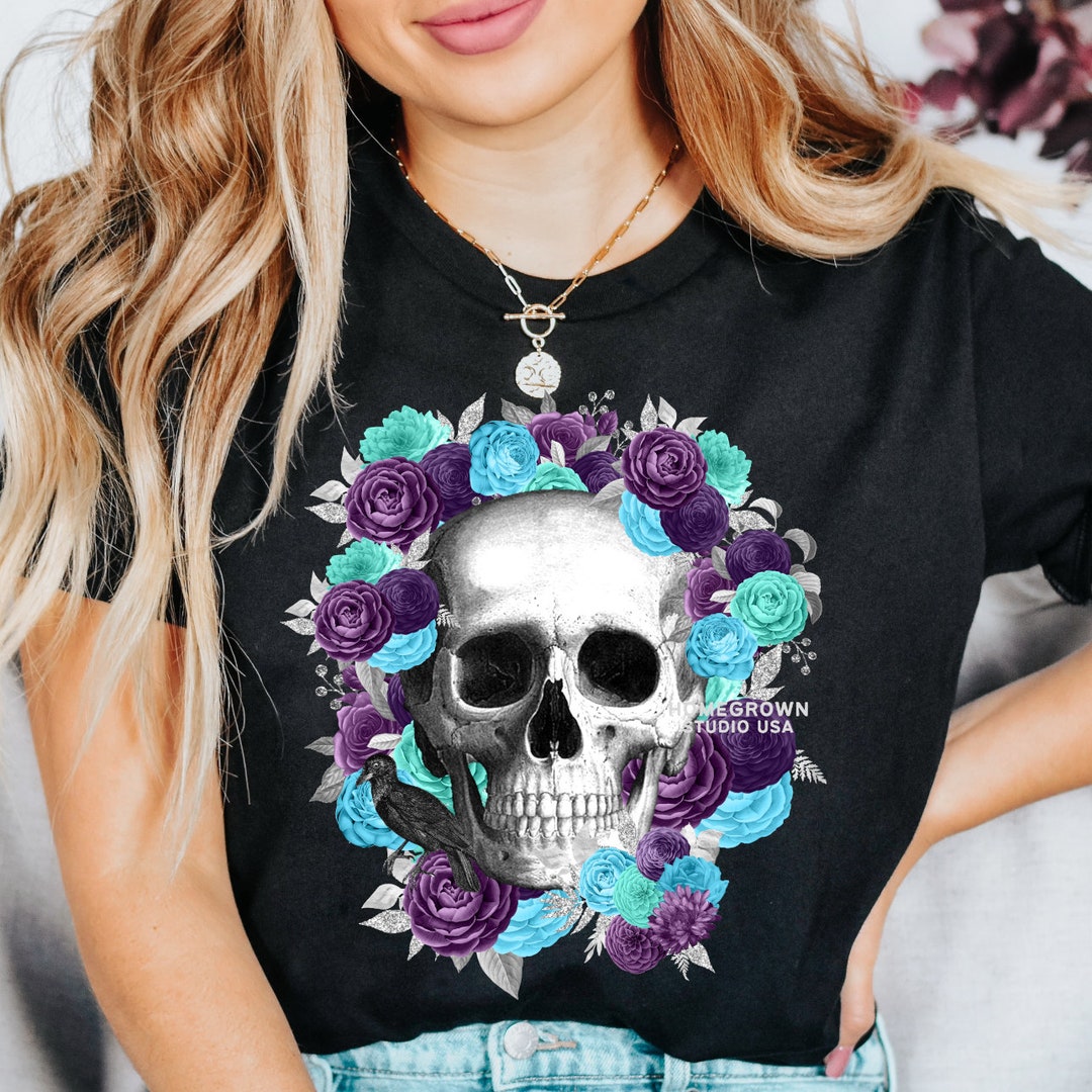 Skull and Roses Shirt, Flower Skull Skeleton T-shirt, Crow Floral Skull ...