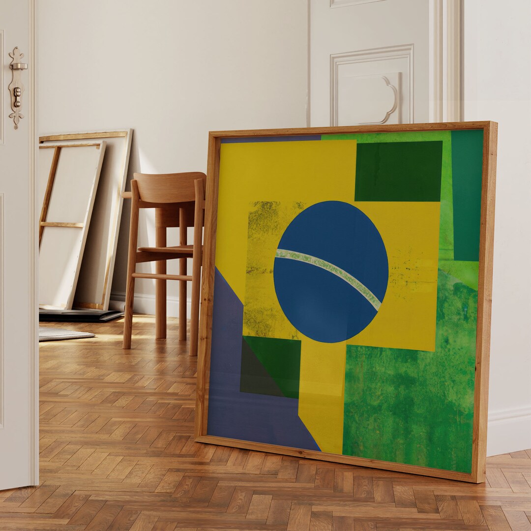 Abstract Wall Art, Brazil Flag Inspired Art Print, Vintage Geometric ...