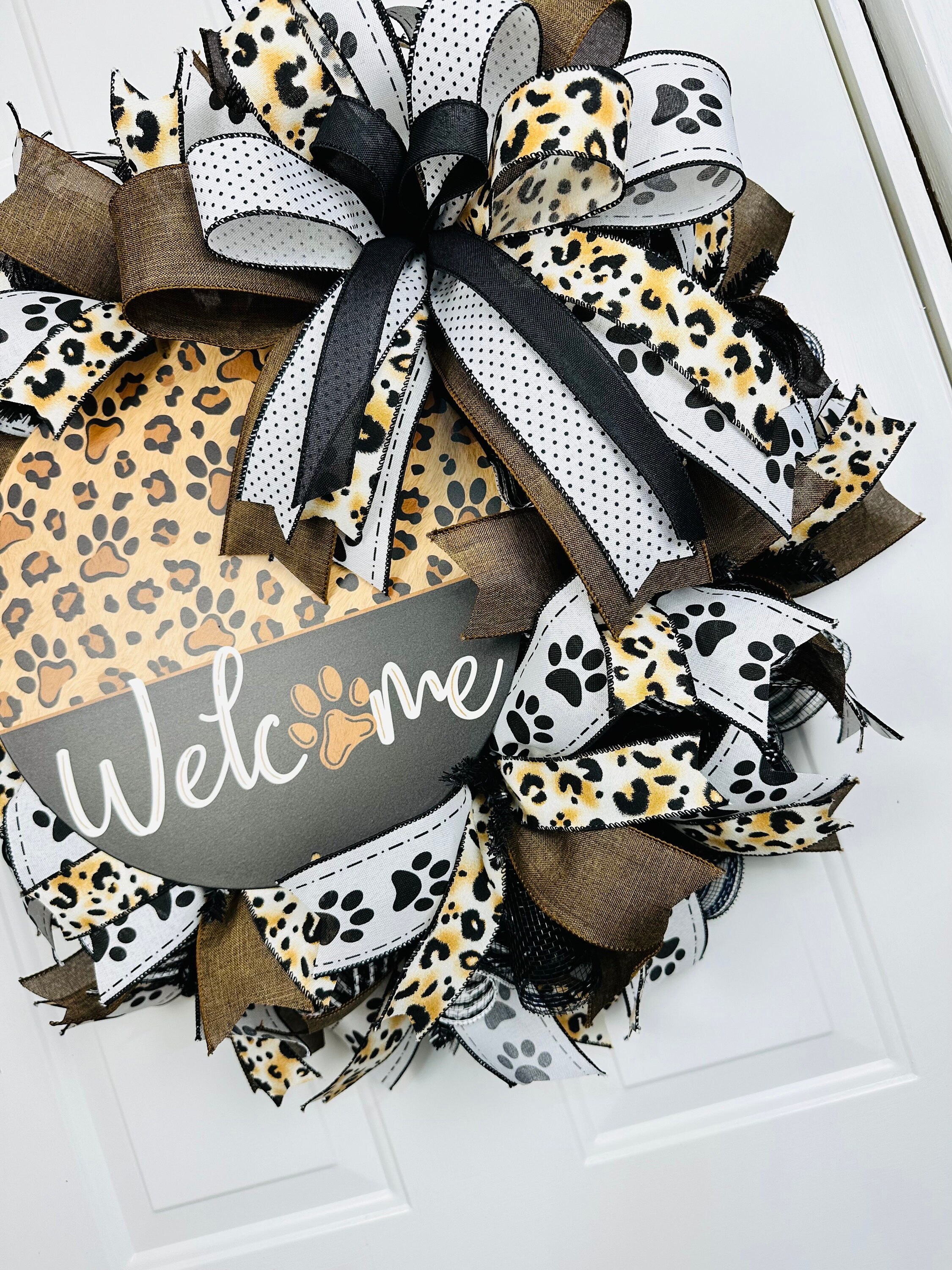 Animal Print Welcome Wreath, Dog Paw Print Door Decor, Burlap Ribbon ...