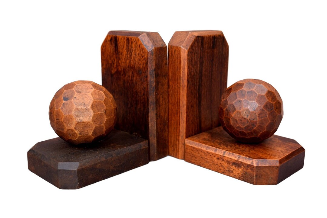 Vintage Wood World Globe Pair Bookends, Faceted Ball Book Ends, Home ...