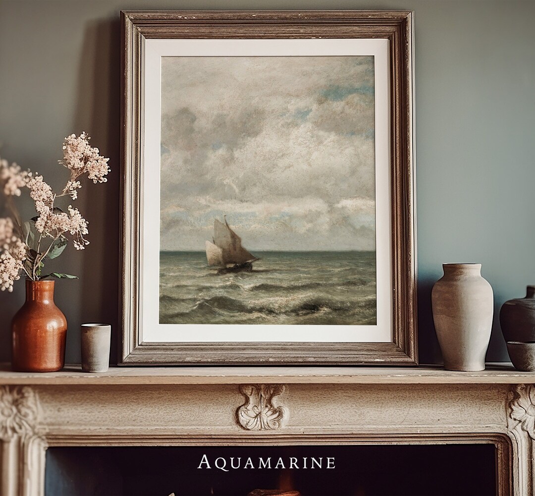 Vintage Seascape Painting, Antique Ocean Landscape, Vintage Ship Print, Nautical Painting ...