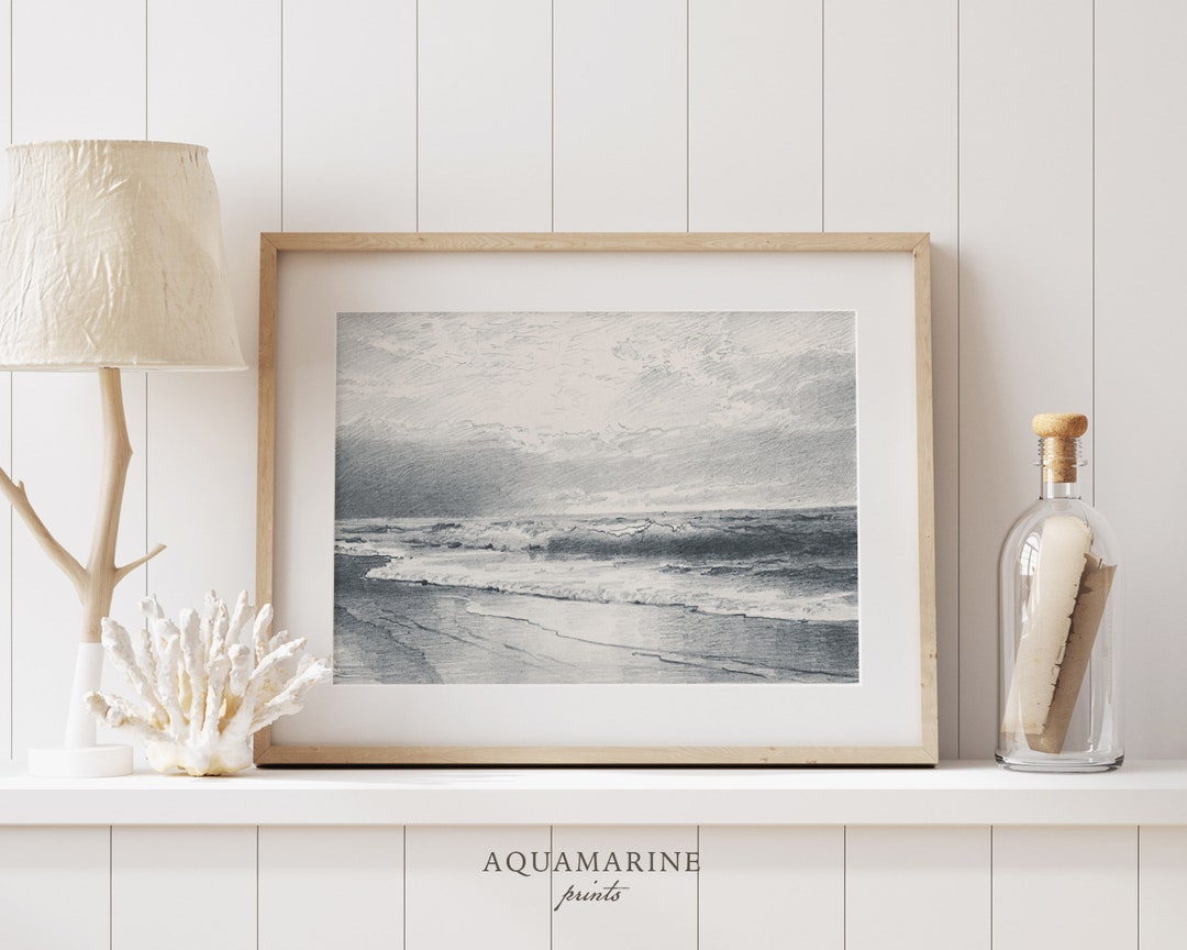 Beach Print, Ocean Drawing, Vintage Ocean Beach Print, Vintage Coastal ...