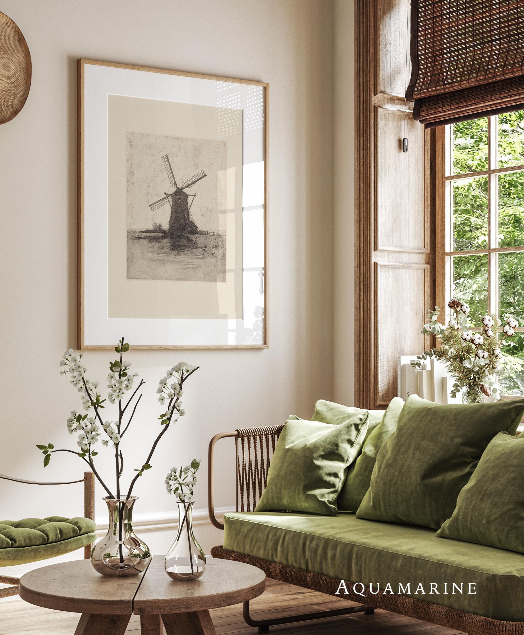 Landscape Wall Art, Landscape Print, Windmill Print, Neutral Landscape ...