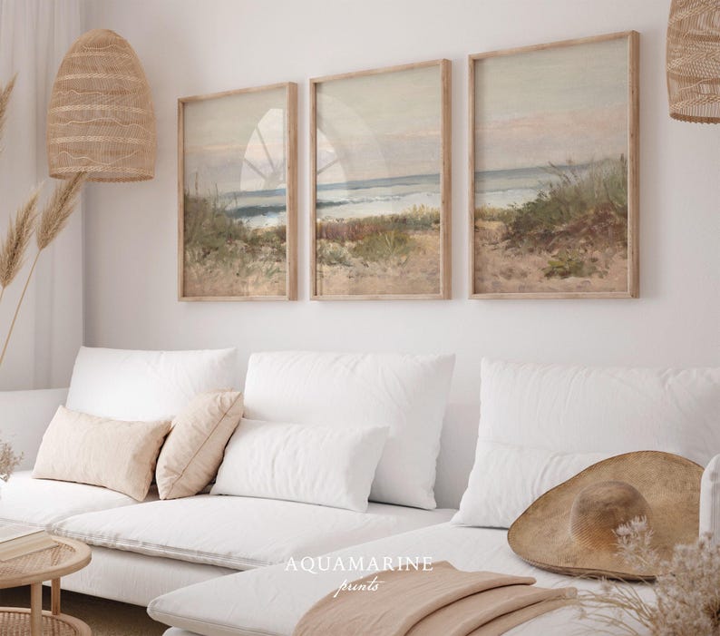 Beach Landscape Print Set, Neutral Tones Set of 3 Prints, Coastal Wall ...