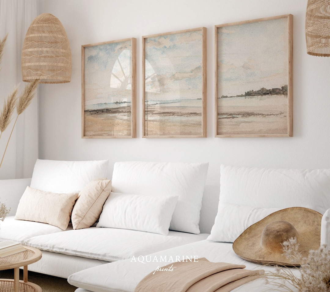 Neutral Coastal Wall Art, Muted Beach Prints Set of 3, Beach Painting ...
