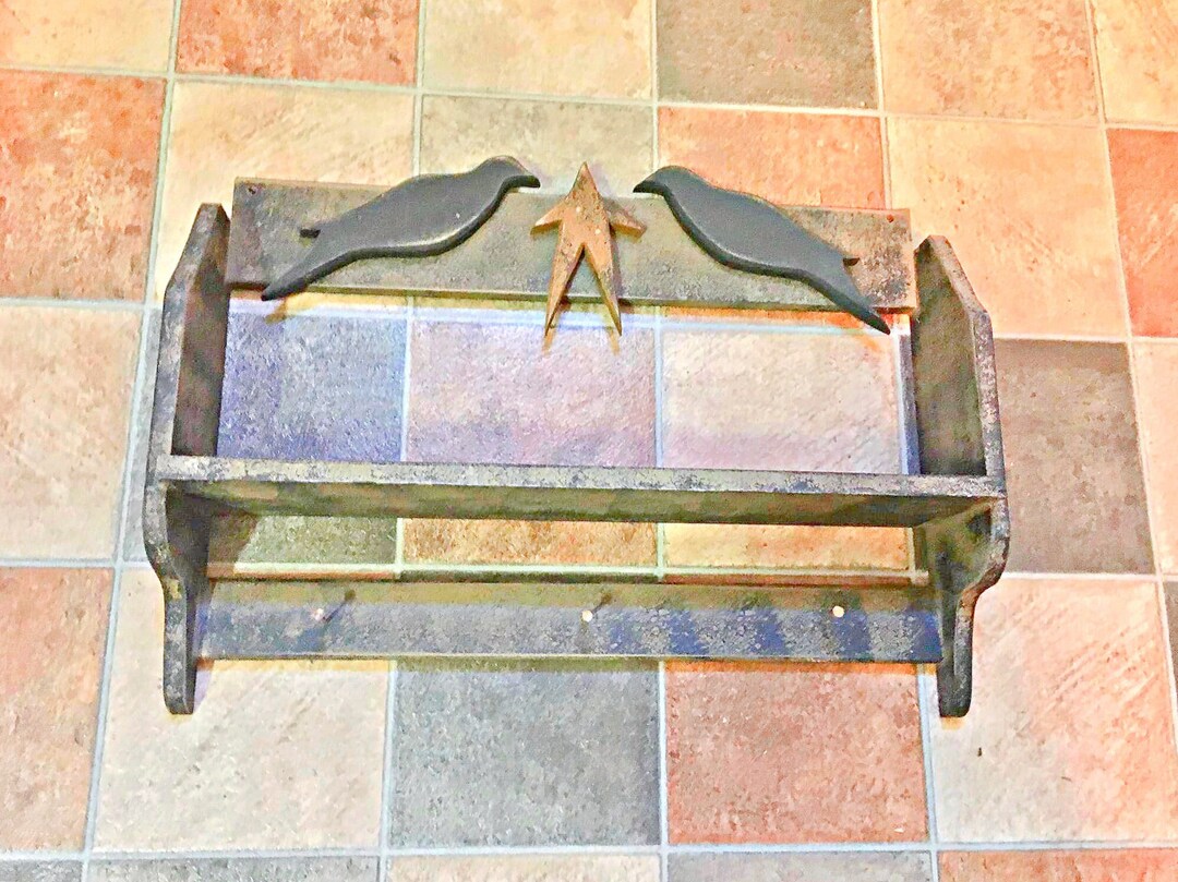 Prim Large Crows and Star Wood Shelf With 3 Nail Hooks * Folk Primitive ...