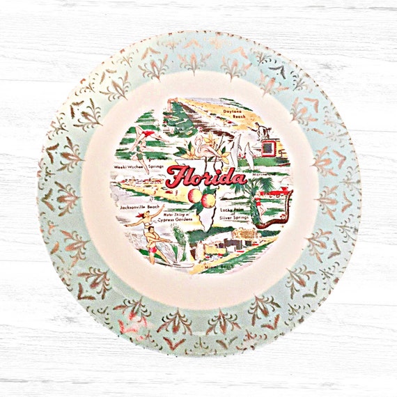 Vintage Florida State Souvenir Plate Teal and Gold Fleur De - Etsy