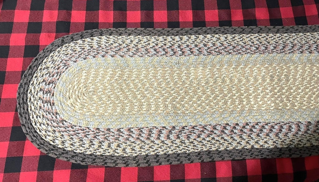 Braided Rug Table Runner * Brown Tan Green Blue Gold * Lodge or Cabin ...
