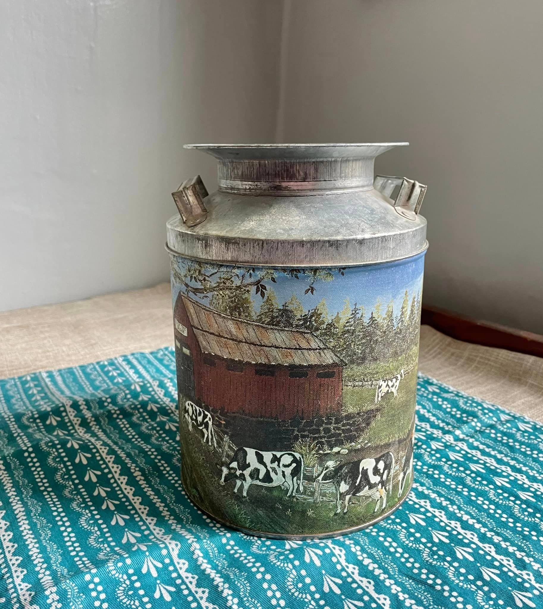 Metal Decorative Farmhouse Milk Can Tin Farm Motif Cows Barn Field ...