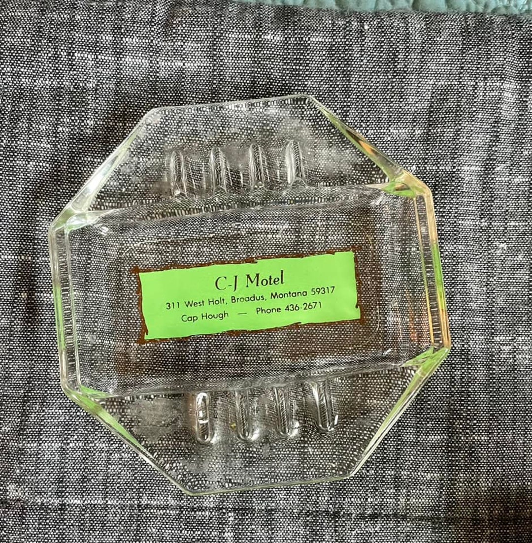 Vintage Heavy Glass Broadus Montana CJ Motel Ashtray Green and Clear Motel Ashtray Souvenir ...