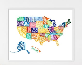 USA Poster Illustrated Map USA Educational Map USA Cartoon Map Gift for ...