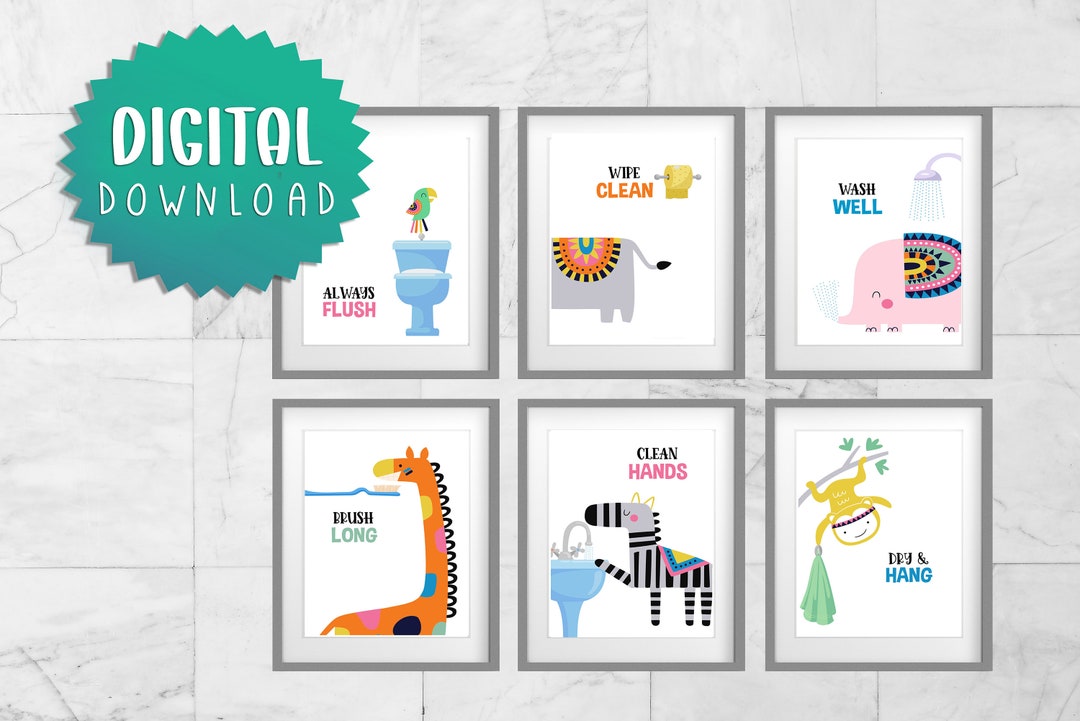 Kids Bathroom Art - Children's Bath Room Prints, Set of 6 Digital ...