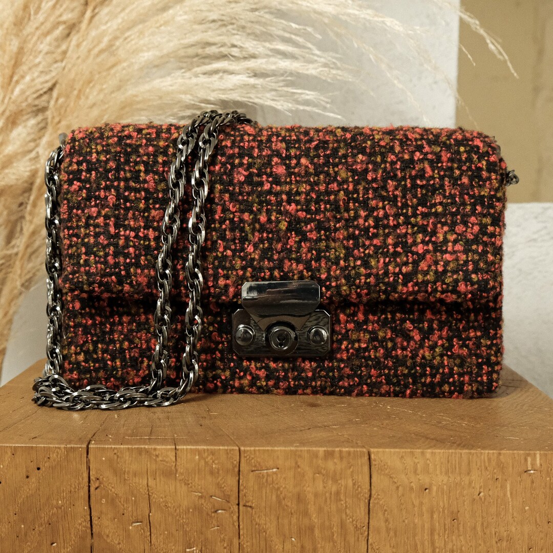 Tweed Handbag With Gunmetal Hardware, Dark Stylish Clutch for Formal ...