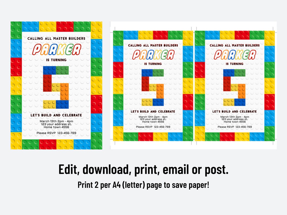 Editable Building Blocks Birthday Invitation, Build It Bricks Text ...