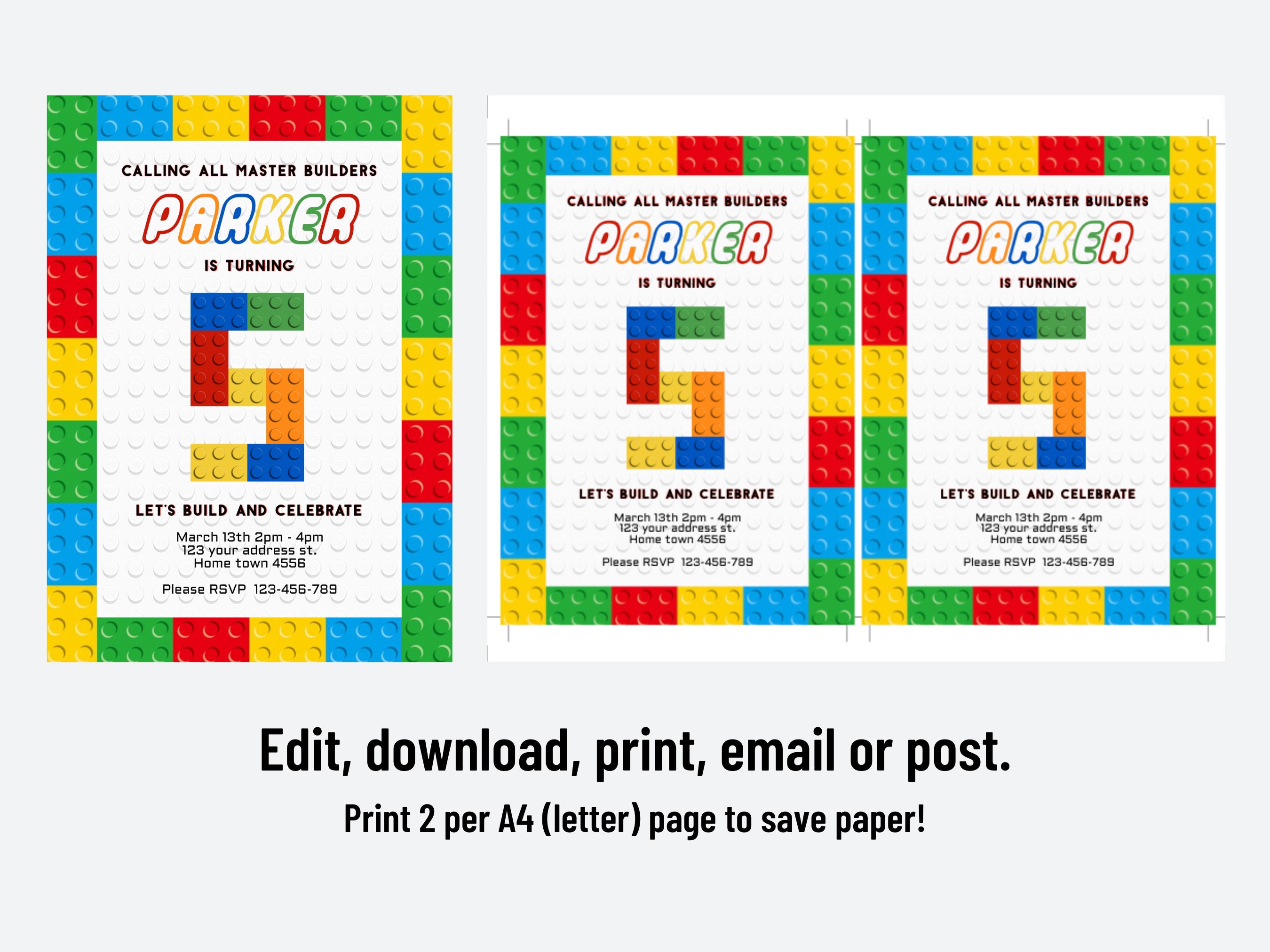 Editable Building Blocks Birthday Invitation, Build It Bricks Text ...