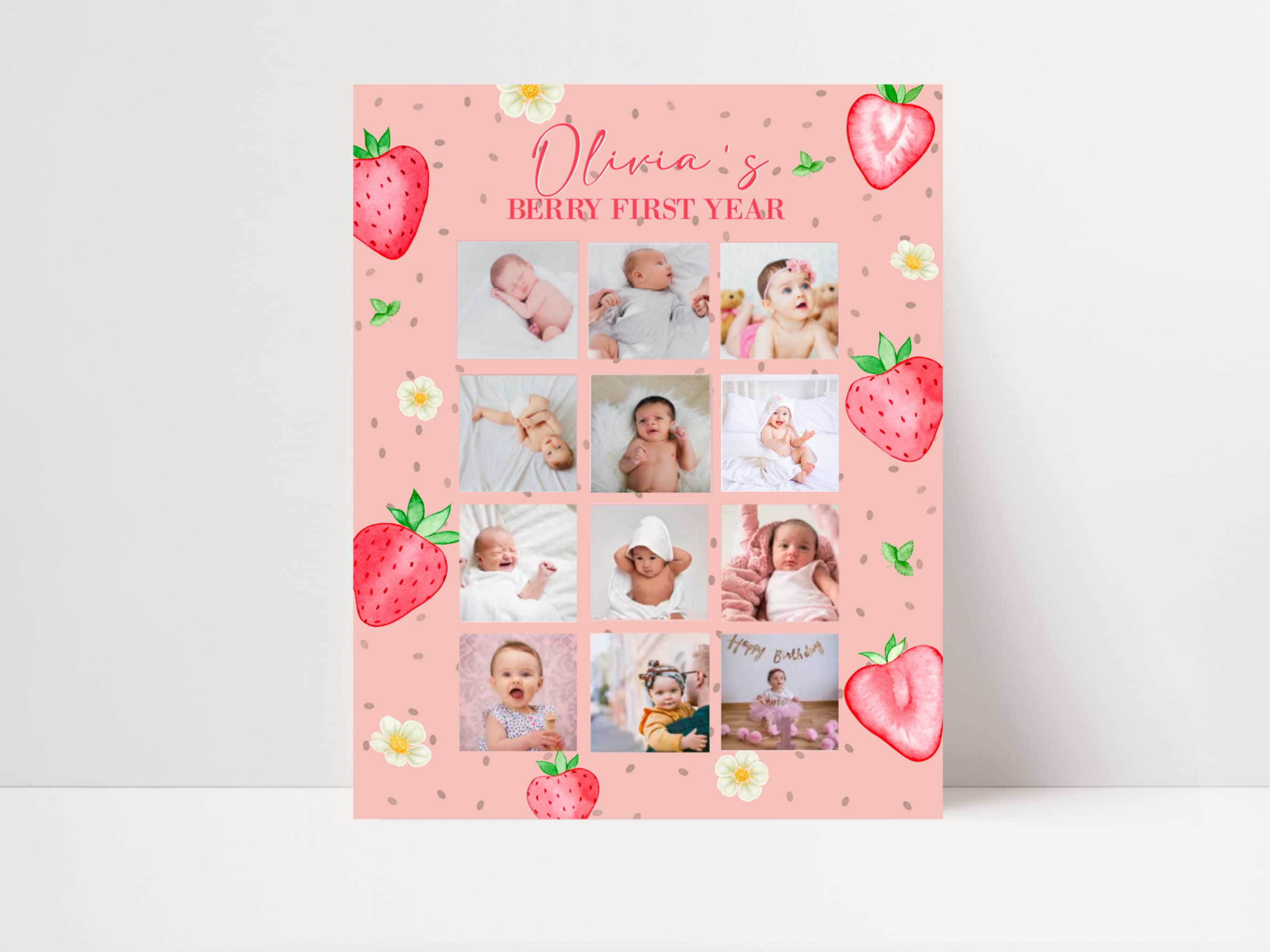 Editable Strawberry First Year Photo Collage, Baby First Year Frame ...