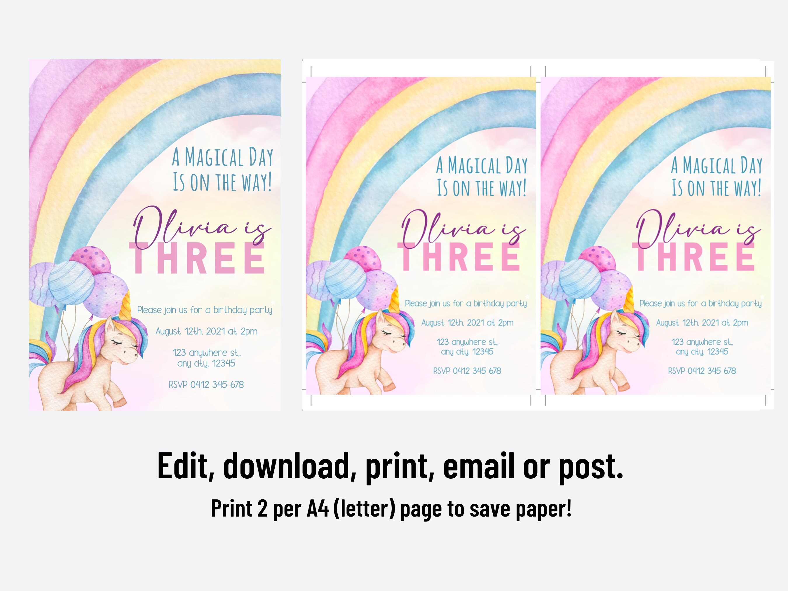 Editable Rainbow Unicorn Birthday Invitation | Personalized Printable ...
