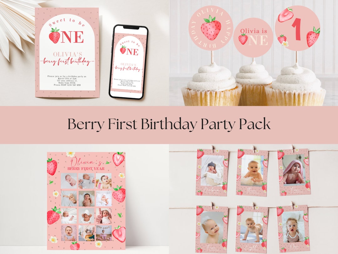 Editable Strawberry Theme Berry First Birthday Party Pack, Instant ...