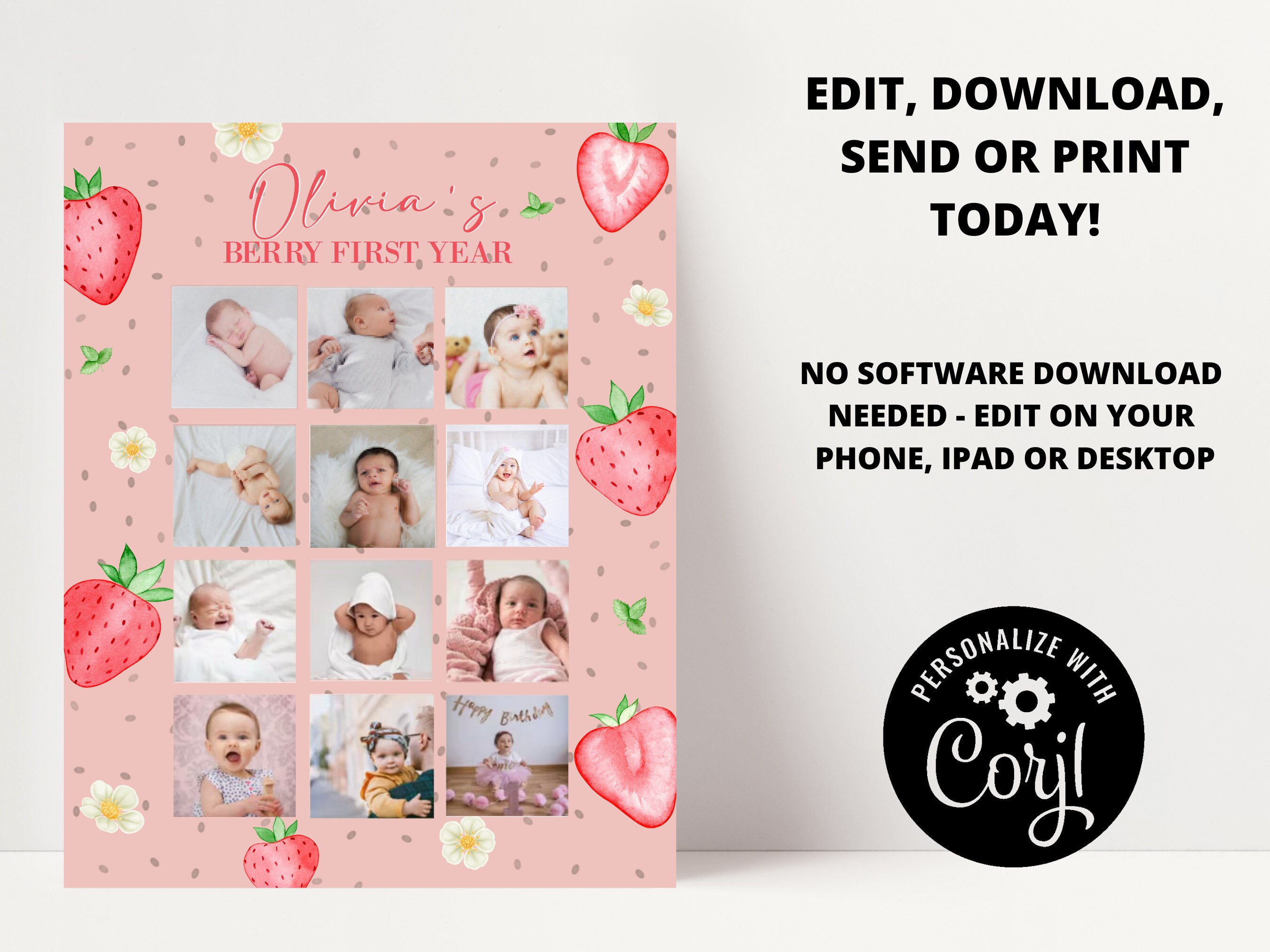Editable Strawberry First Year Photo Collage, Baby First Year Frame ...