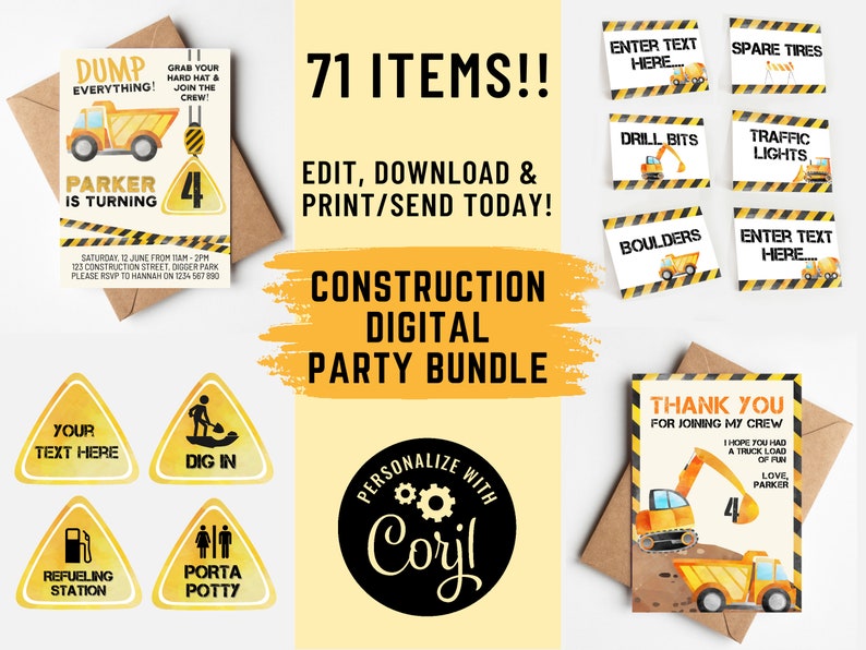 EDITABLE Construction Party Signs, DIY Construction Party Signs, Fueling Station | Template ...