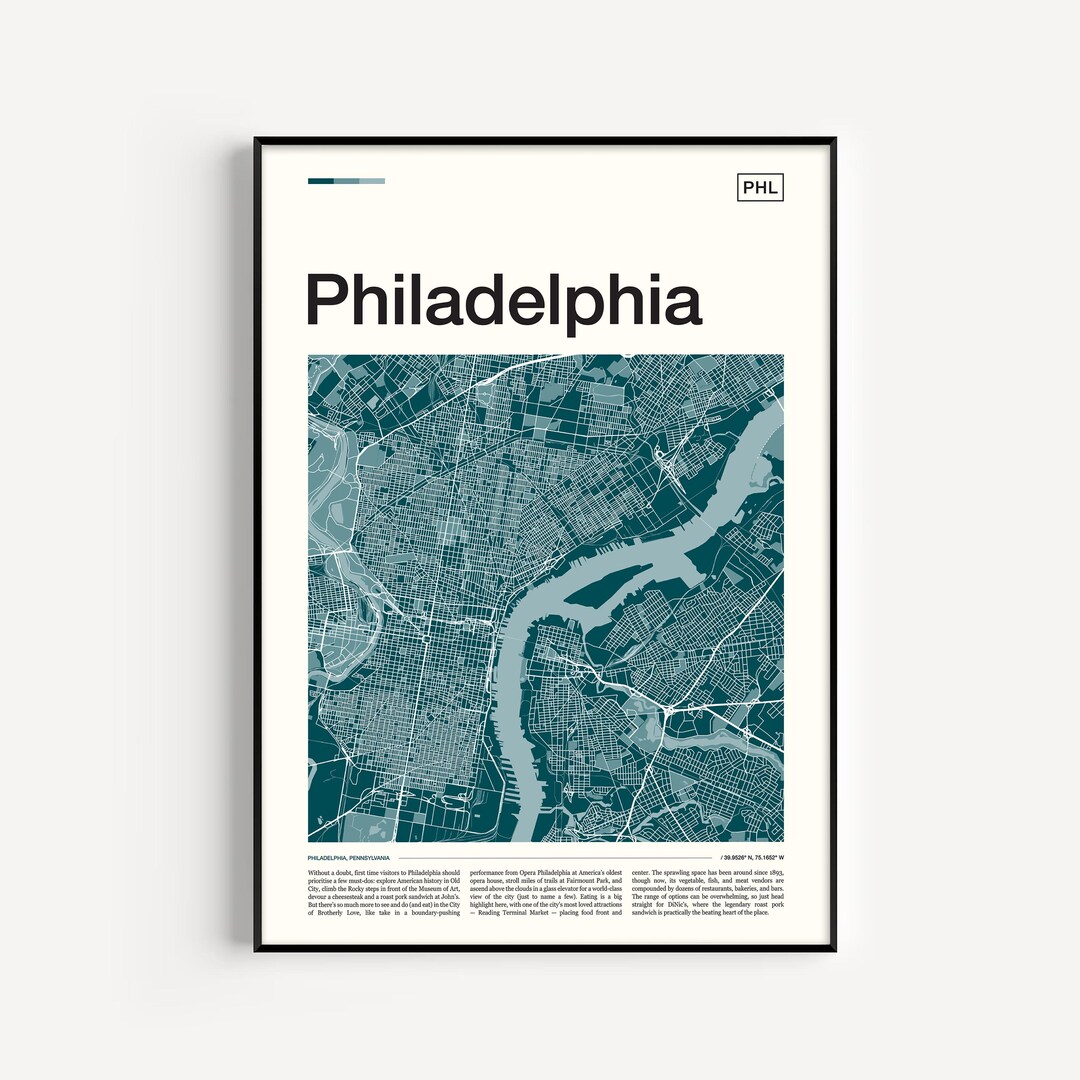 Philadelphia Map Travel Poster, USA Art Print for Home Decor, Urban ...