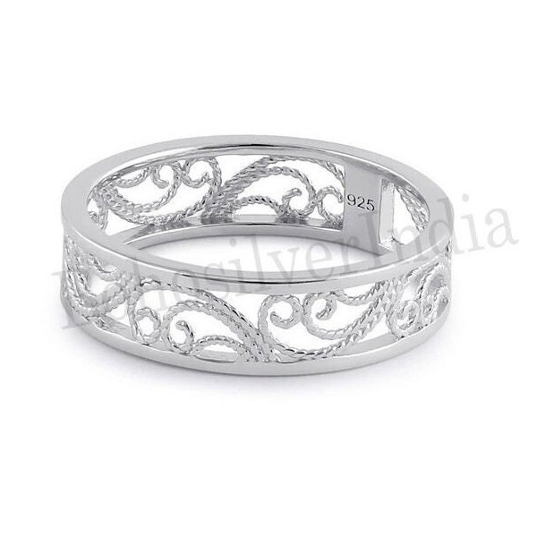 Vintage Style Silver Wedding Band, Filigree Wedding Ring, Nature Silver ...