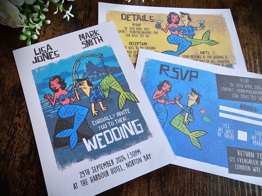 Retro Mermaid Wedding Invitation: Tropical Beach Theme - Etsy