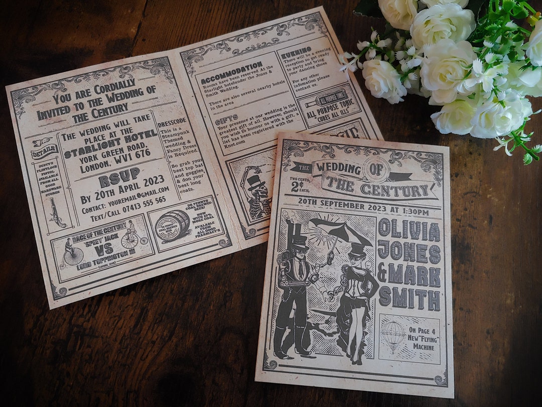 Personalised Folding Vintage Style Steampunk Wedding Invite, Invitation ...