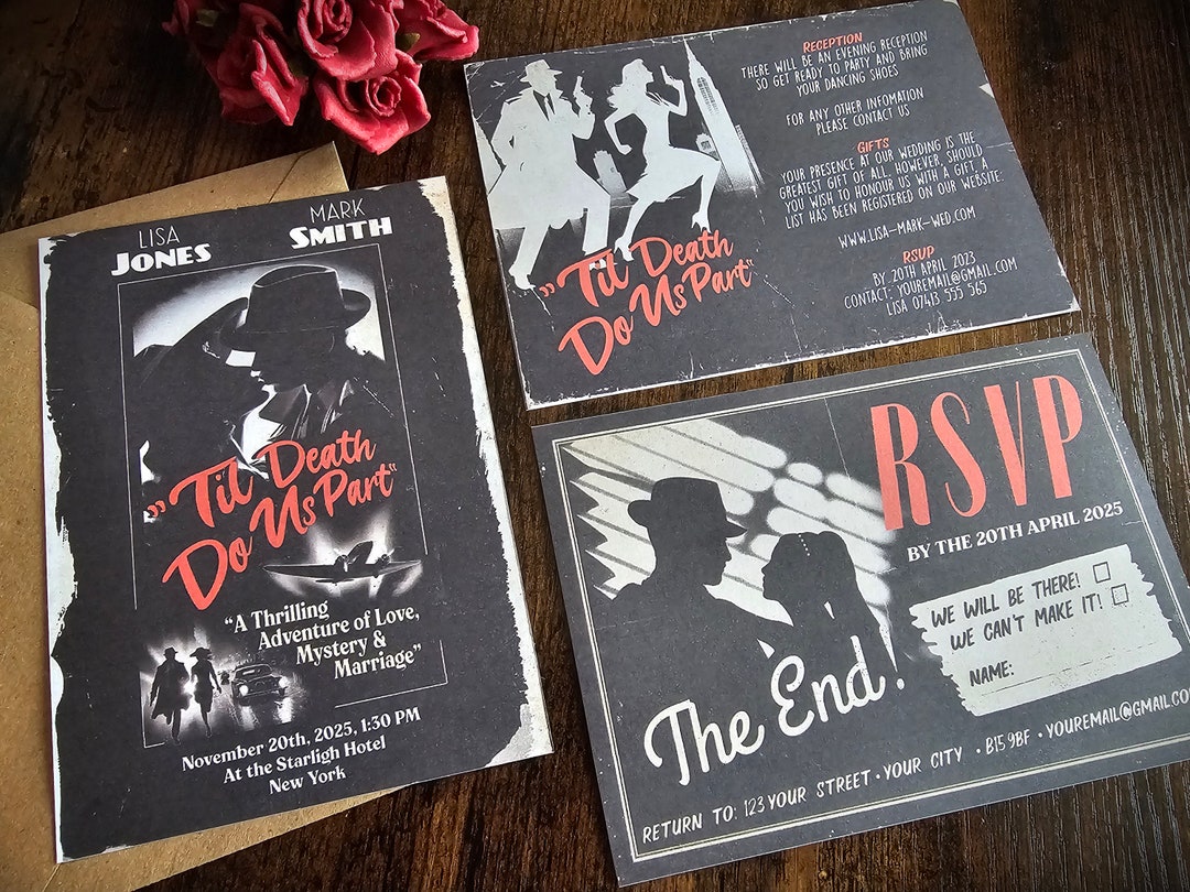 Personalised Classic Noir Detective Movie Wedding Invite, Invitations ...