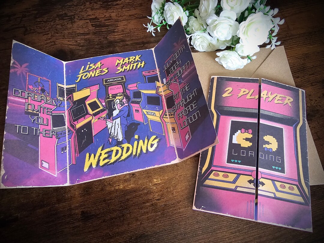 Personalised Foldout 80's Retro Arcade Wedding Invite, Invitation, RSVP ...