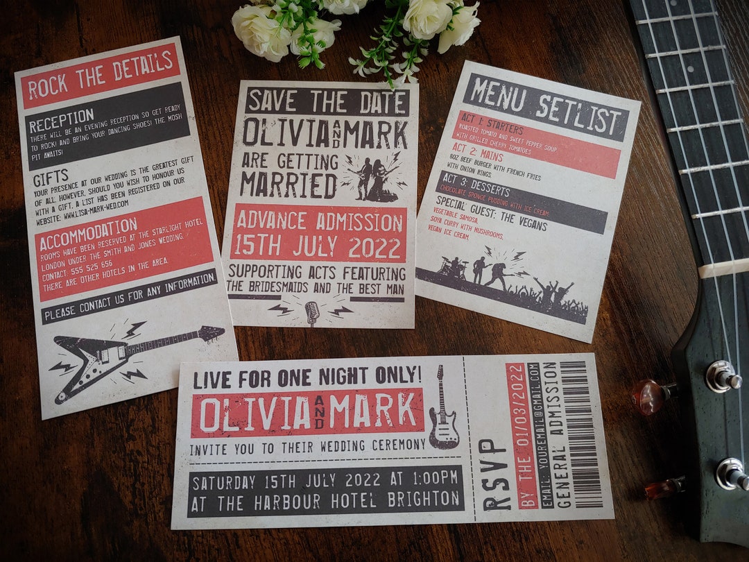 Personalised Rock Concert, Gig Ticket Wedding Invite, Invitations, Save ...