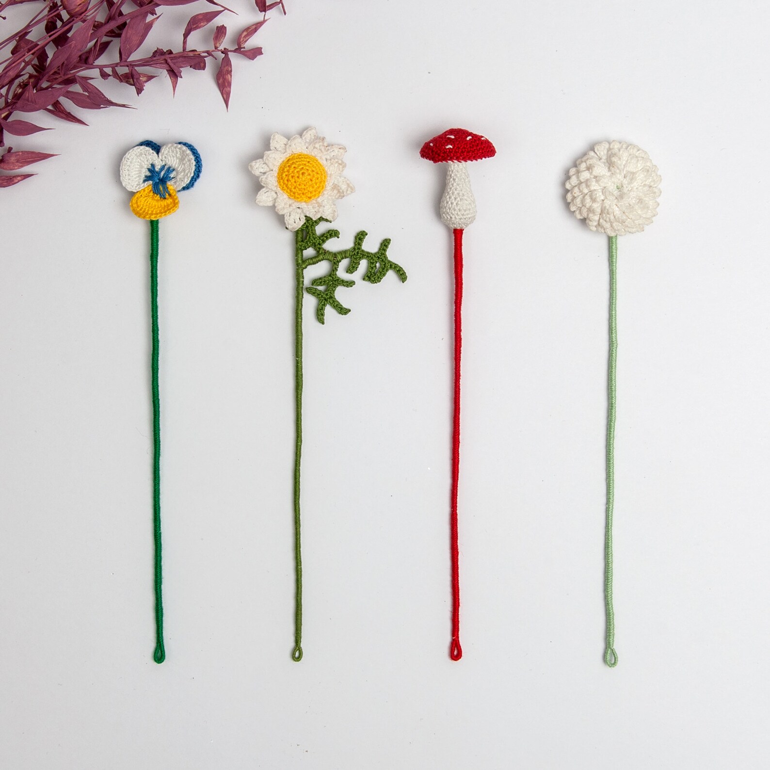 Micro Crochet Floral Bookmarks, Pansy, Red Micro Mushroom, White Daisy ...