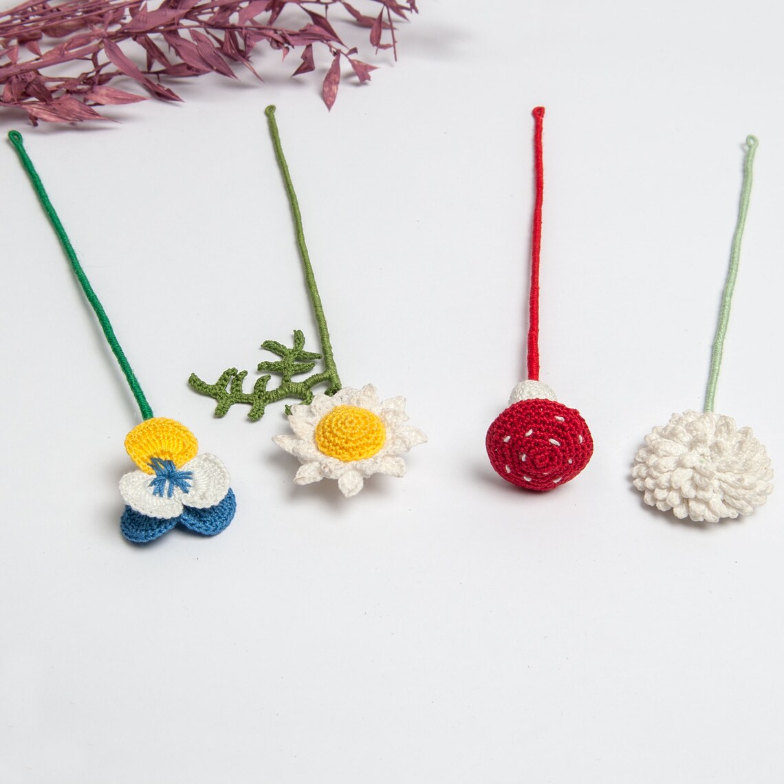 Micro Crochet Floral Bookmarks, Pansy, Red Micro Mushroom, White Daisy ...