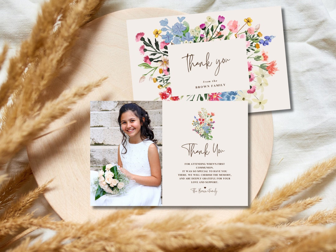 Wildflower First Communion Thank You Card Template, DIY Editable 1st ...